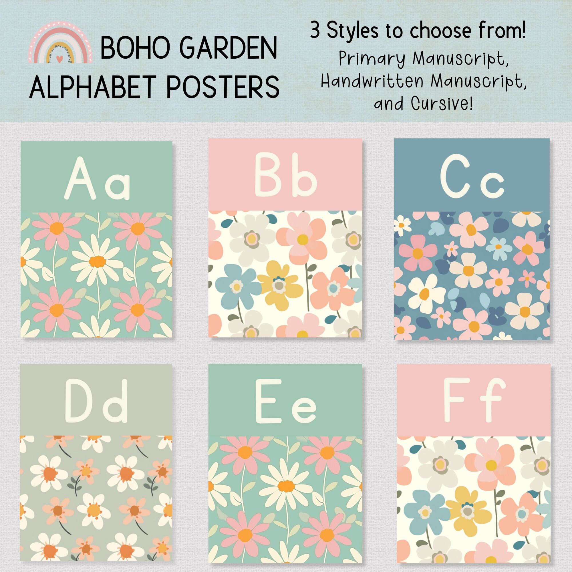 BOHO GARDEN ALPHABET Posters, Printable Retro Classroom Alphabet, Boho ...