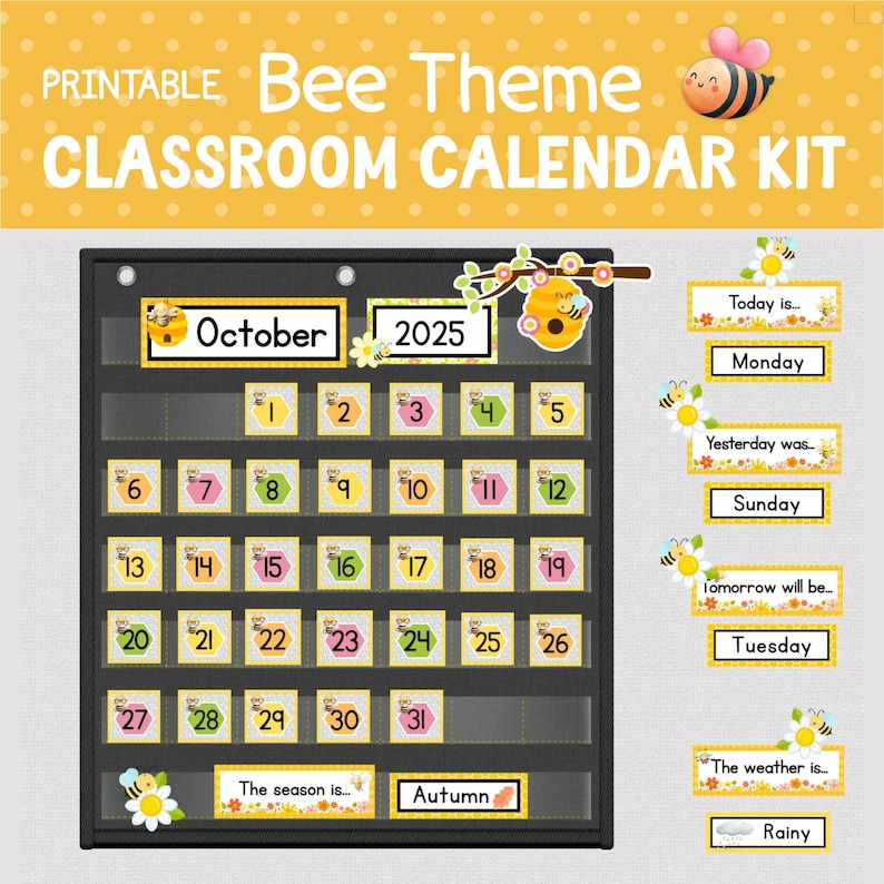 BEE THEME CLASSROOM Calender, Printable Honey Bee Calendar Bulletin ...