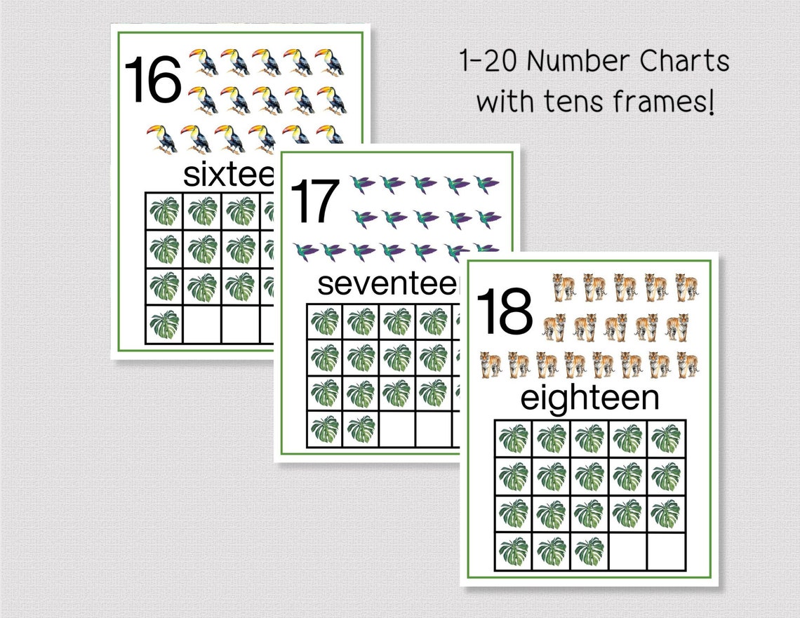 JUNGLE NUMBER POSTERS, Printable Safari Theme Numbers 1-20 With Tens ...