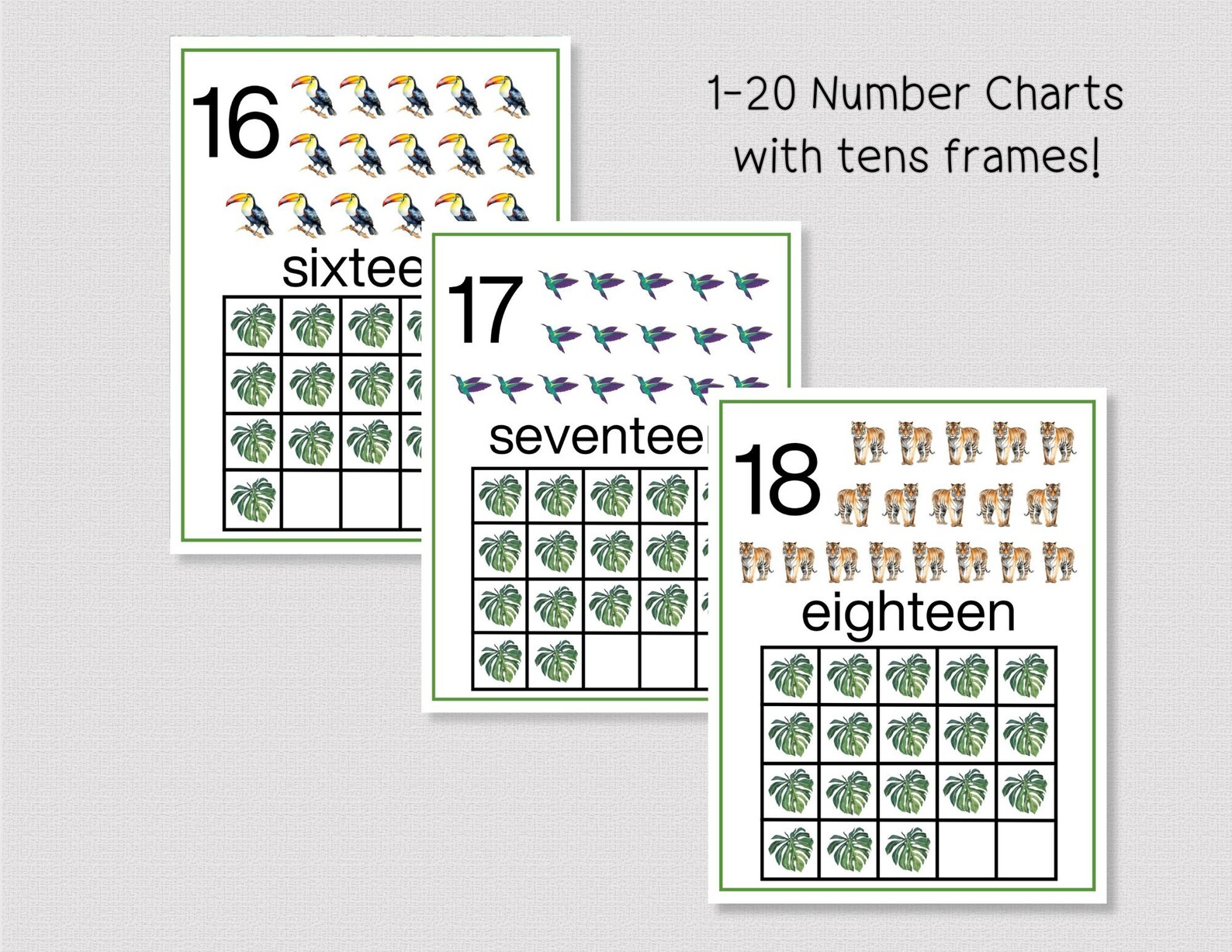 JUNGLE NUMBER POSTERS, Printable Safari Theme Numbers 1-20 With Tens ...