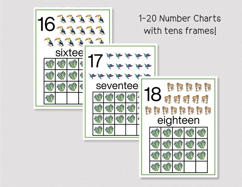 JUNGLE NUMBER POSTERS, Printable Safari Theme Numbers 1-20 With Tens ...