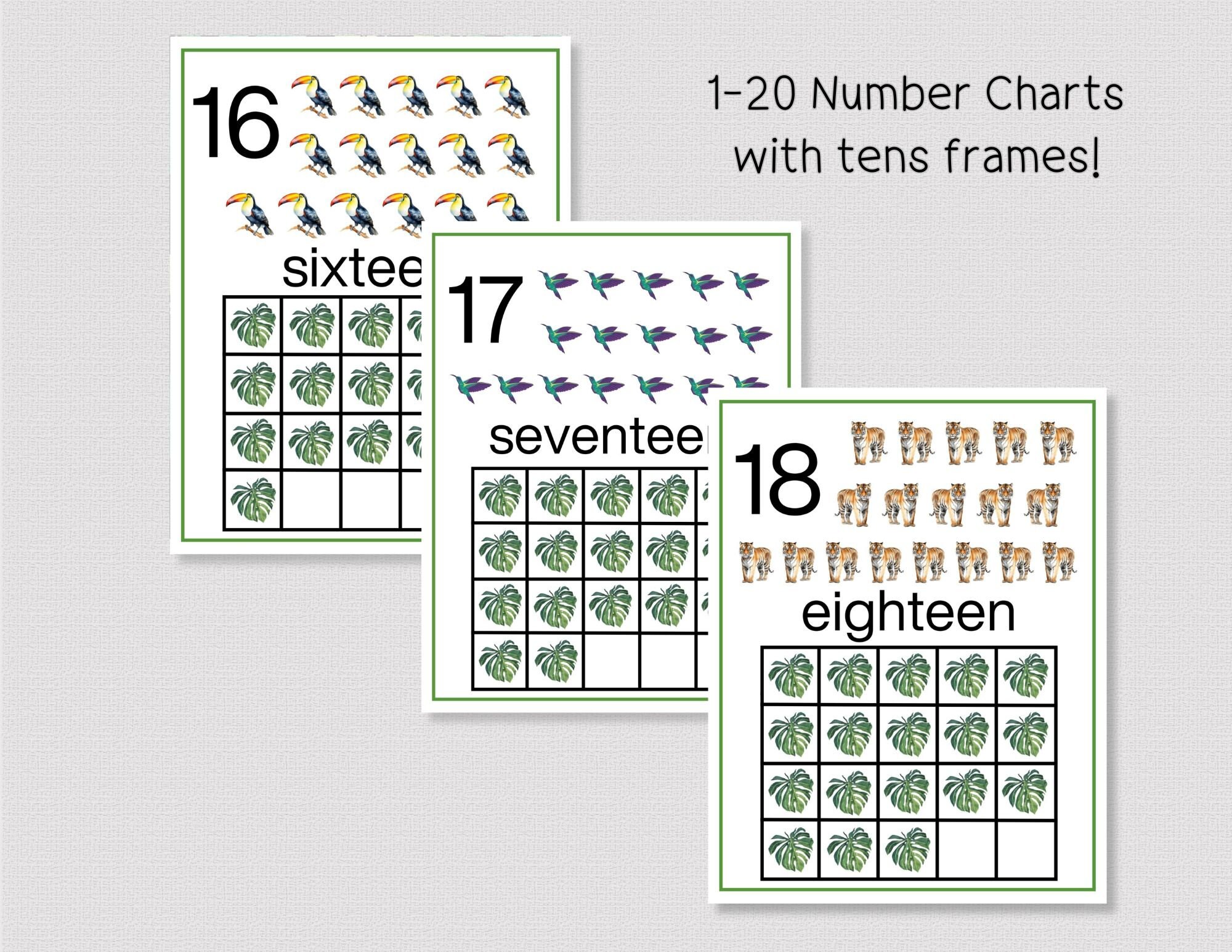 JUNGLE NUMBER POSTERS, Printable Safari Theme Numbers 1-20 With Tens ...