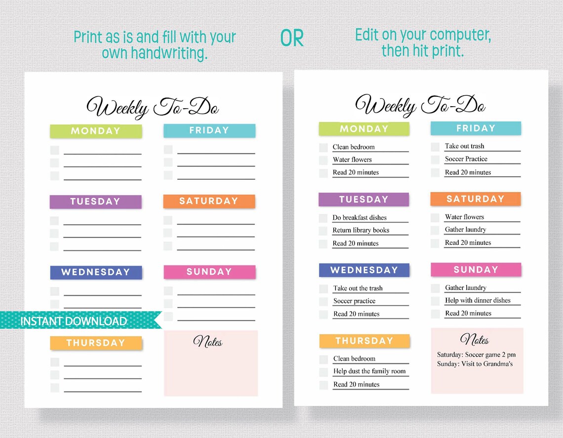 WEEKLY TO DO List for Kids Editable File, Printable Kids Daily Chore ...