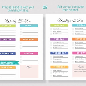 WEEKLY TO DO List for Kids Editable File, Printable Kids Daily Chore ...