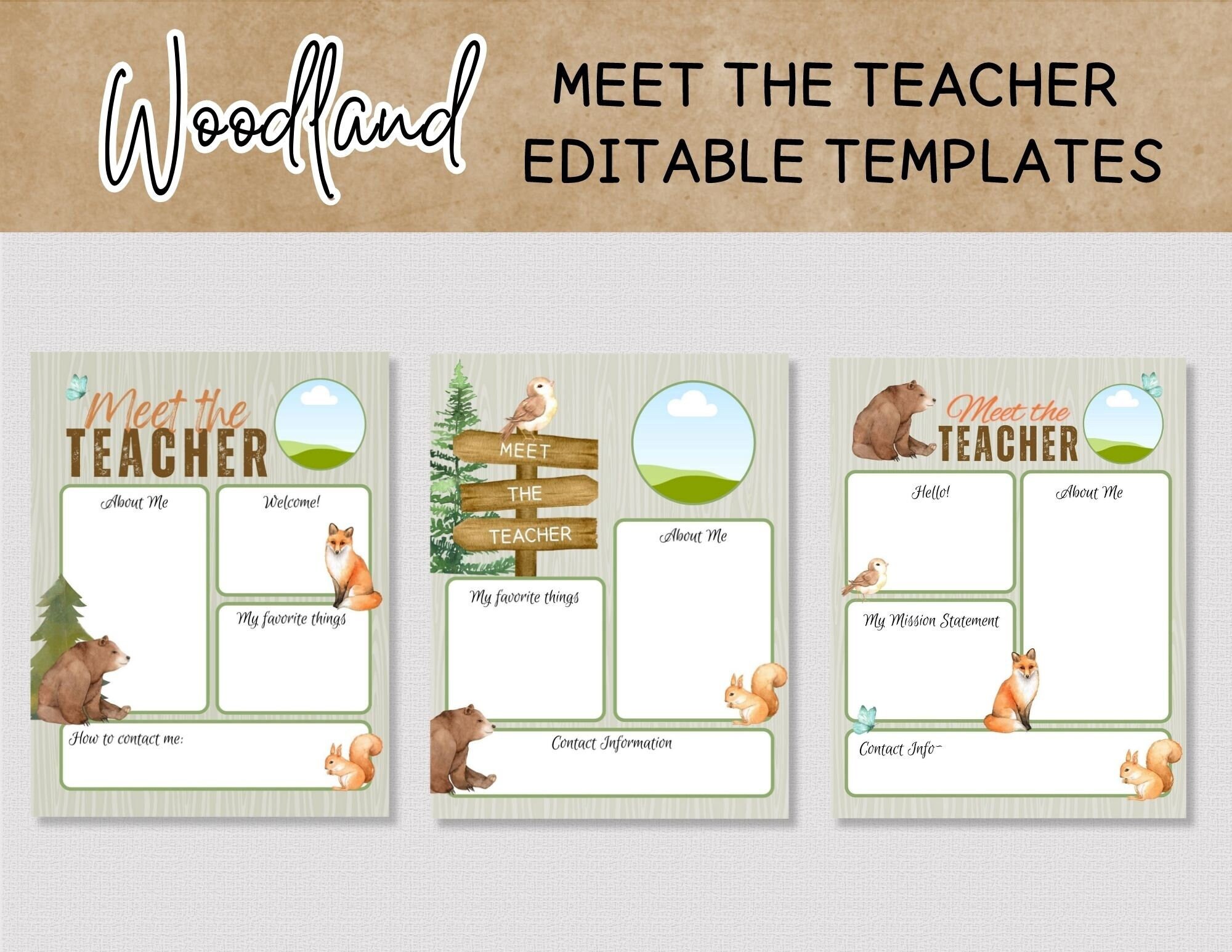 MEET THE TEACHER Woodland Themed Template, Canva Teacher Template for ...