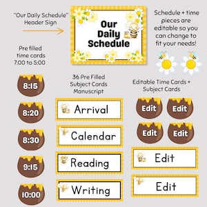 BEE THEME CLASSROOM Schedule, Honeybee Pre Filled and Editable Cards ...