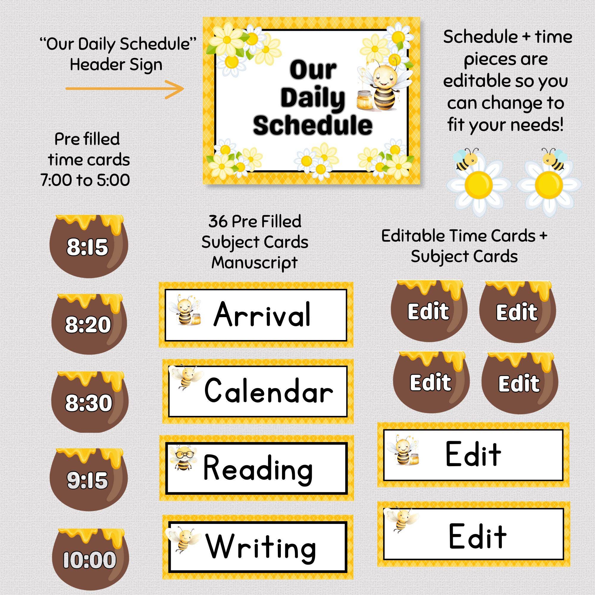 BEE THEME CLASSROOM Schedule, Honeybee Pre Filled and Editable Cards ...