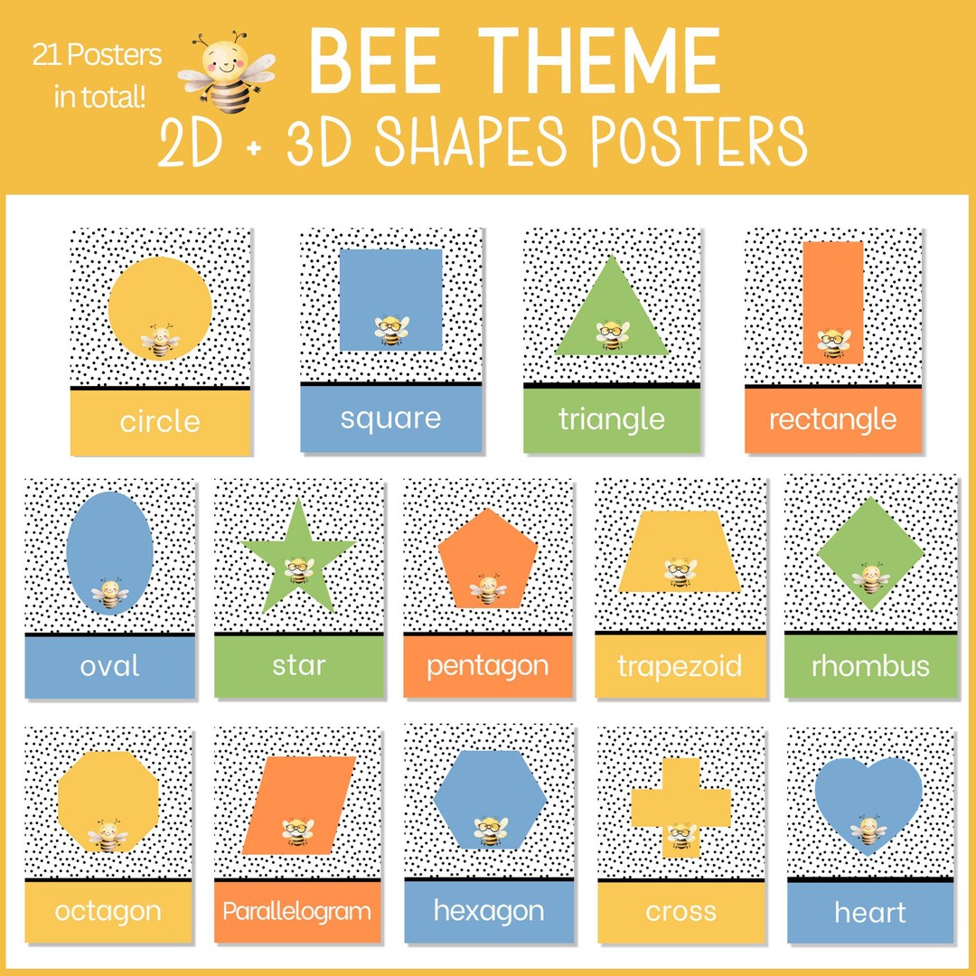 MATH SHAPES POSTERS for Classroom, Bee Theme 2d and 3d Shapes Posters ...