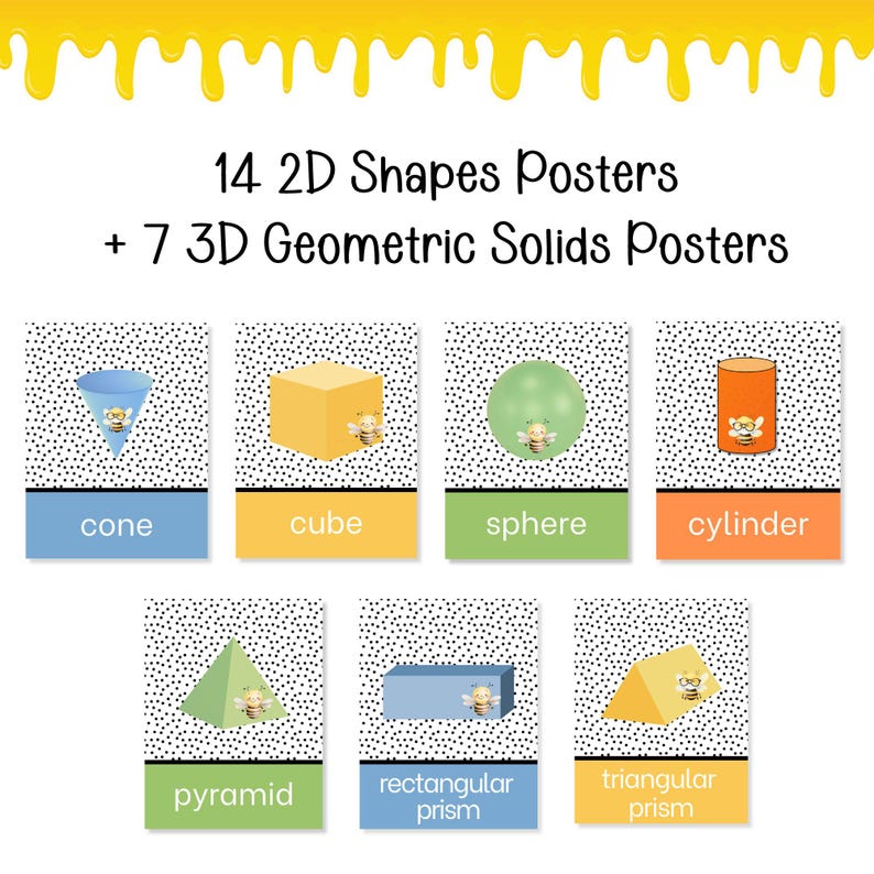 MATH SHAPES POSTERS for Classroom, Bee Theme 2d and 3d Shapes Posters ...