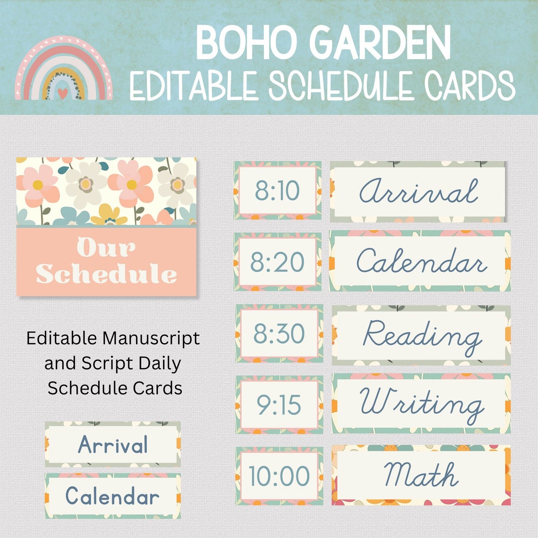 PRINTABLE CLASSROOM SCHEDULE Cards, Boho Garden Editable Cards for ...