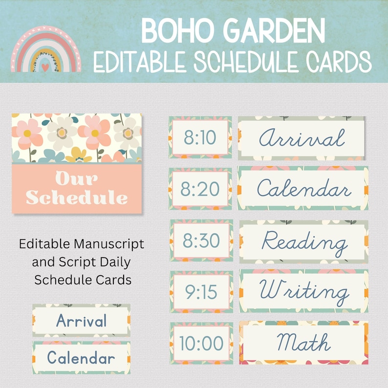 PRINTABLE CLASSROOM SCHEDULE Cards, Boho Garden Editable Cards for ...