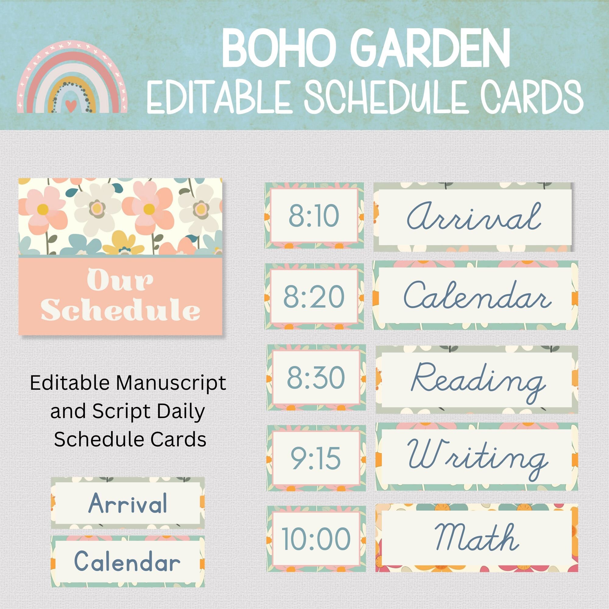 PRINTABLE CLASSROOM SCHEDULE Cards, Boho Garden Editable Cards for ...