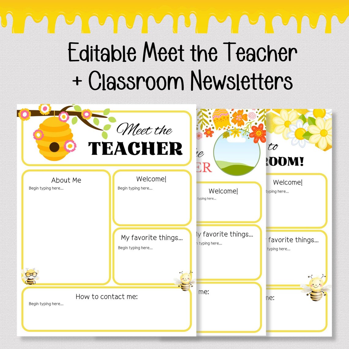 MEET THE TEACHER Bee Theme Newsletter Templates, Canva Template for ...