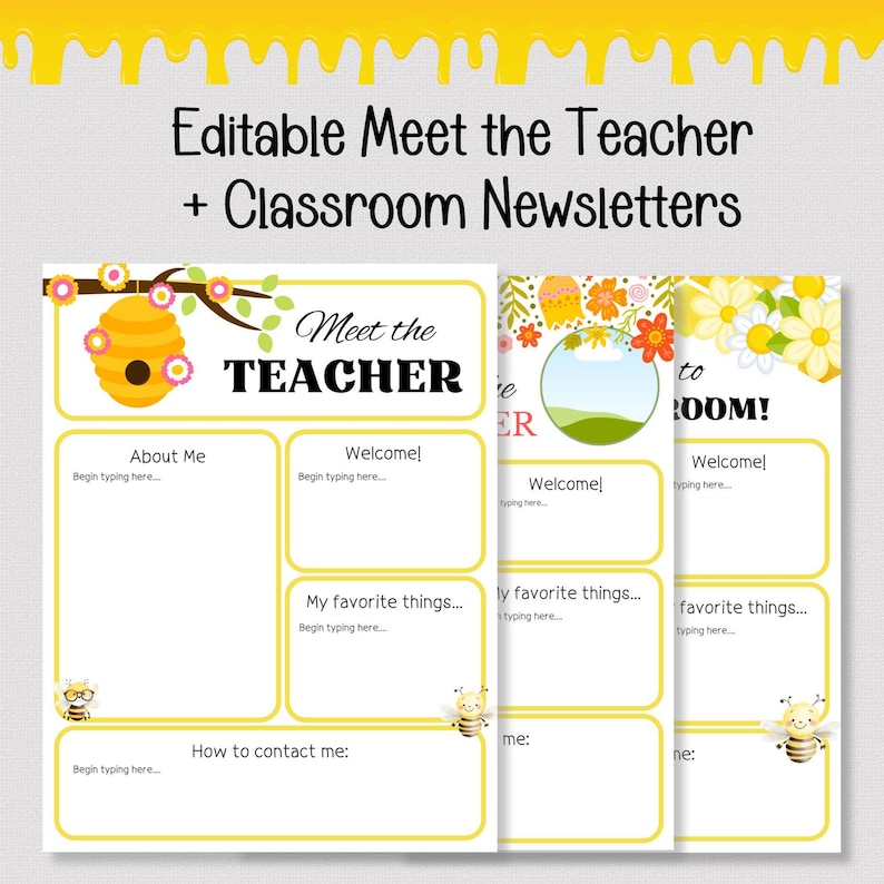 MEET THE TEACHER Bee Theme Newsletter Templates, Canva Template for ...