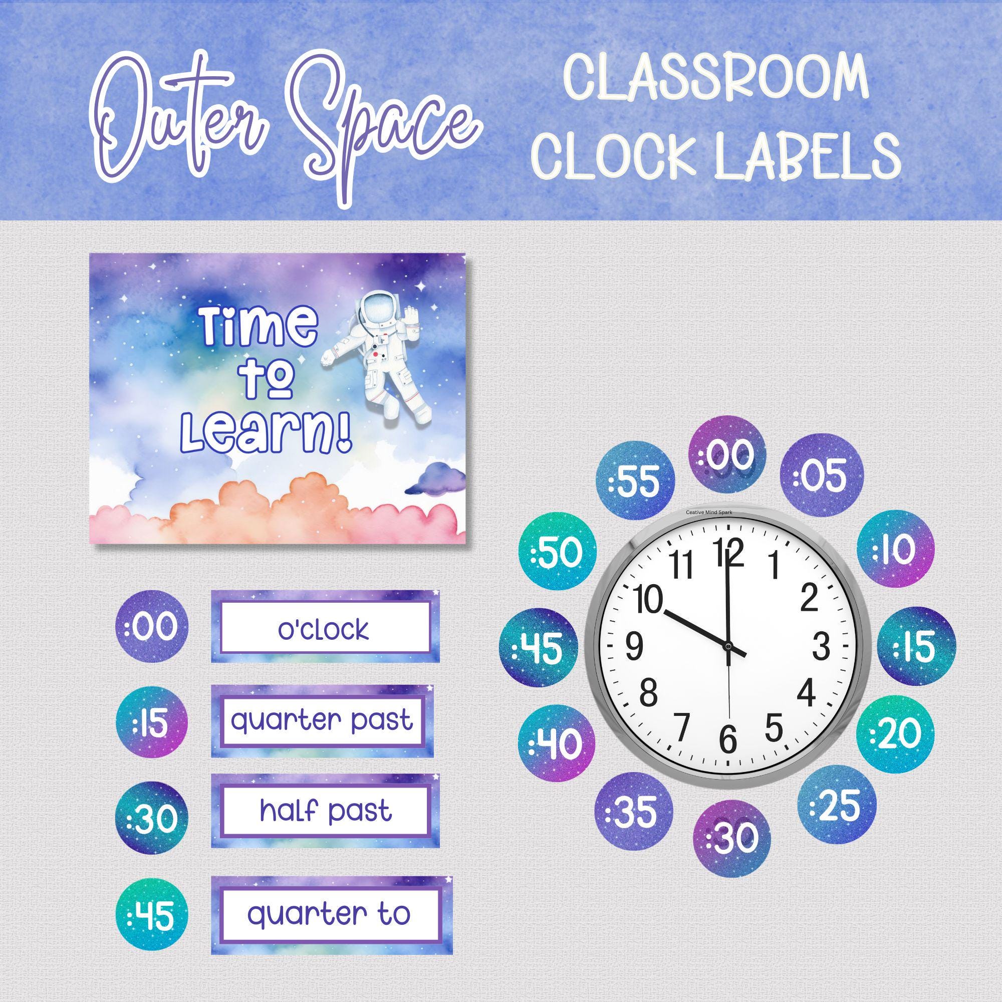 SPACE THEME CLOCK Labels for Classroom, Printable Outer Space Classroom ...