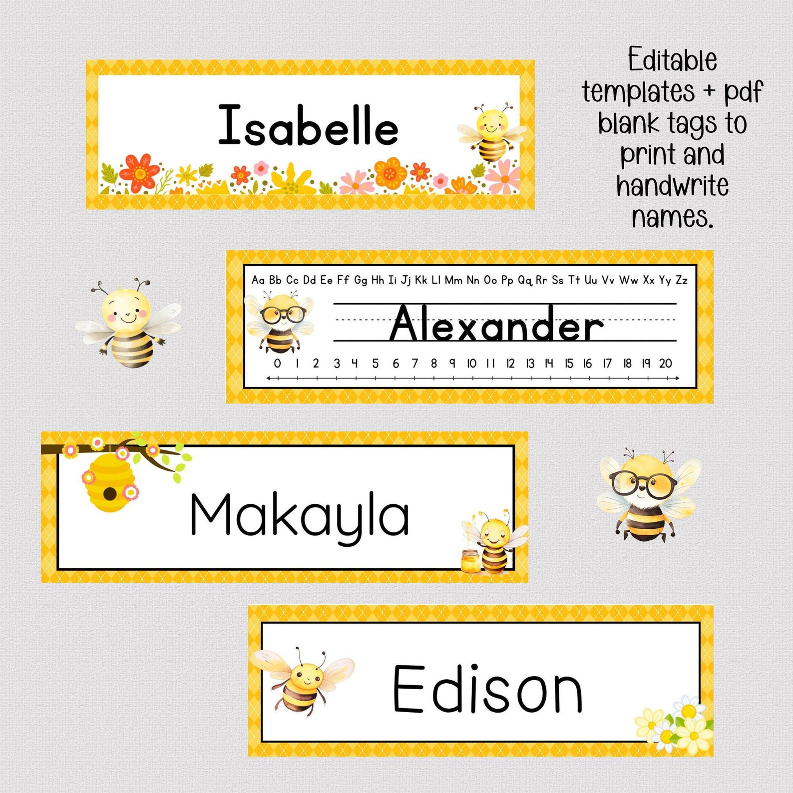HONEY BEE DESK Name Tags, Editable Bee Theme Desk Name Plates ...
