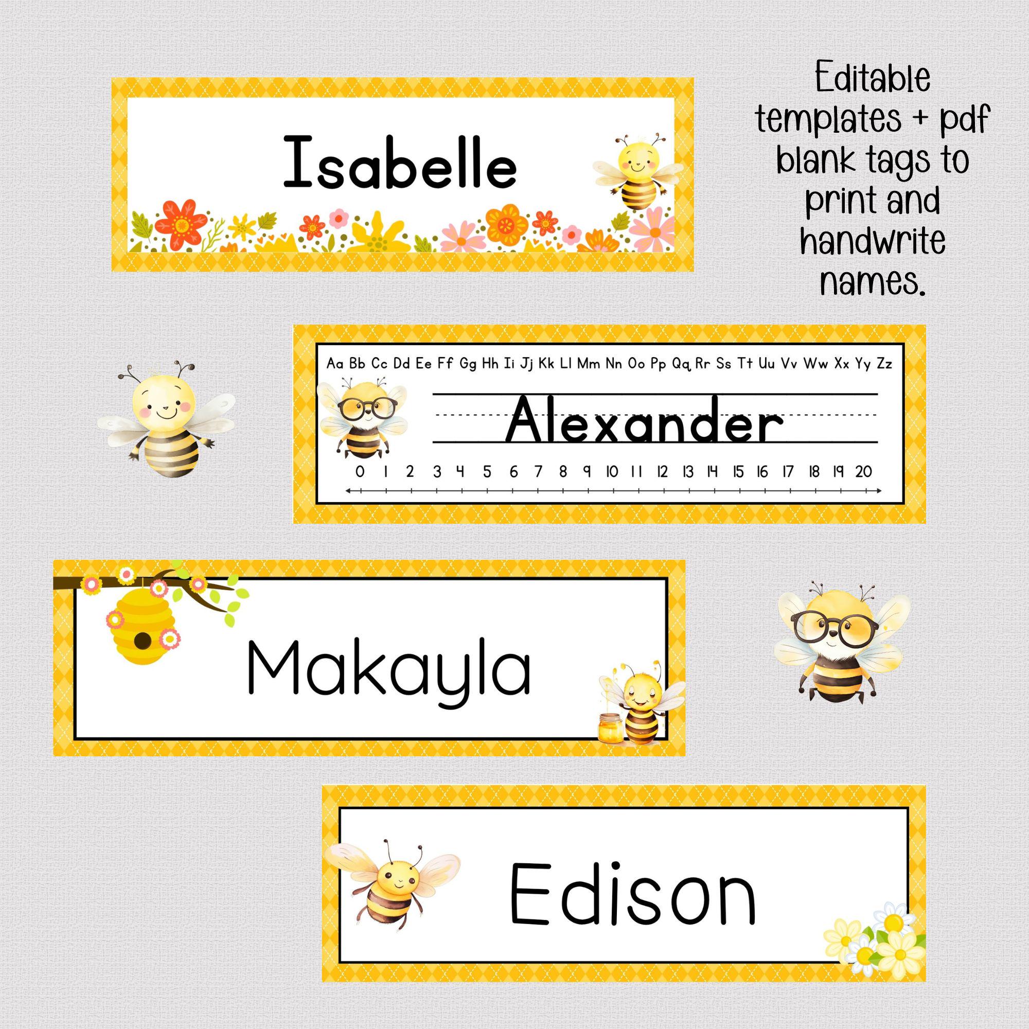 HONEY BEE DESK Name Tags, Editable Bee Theme Desk Name Plates ...