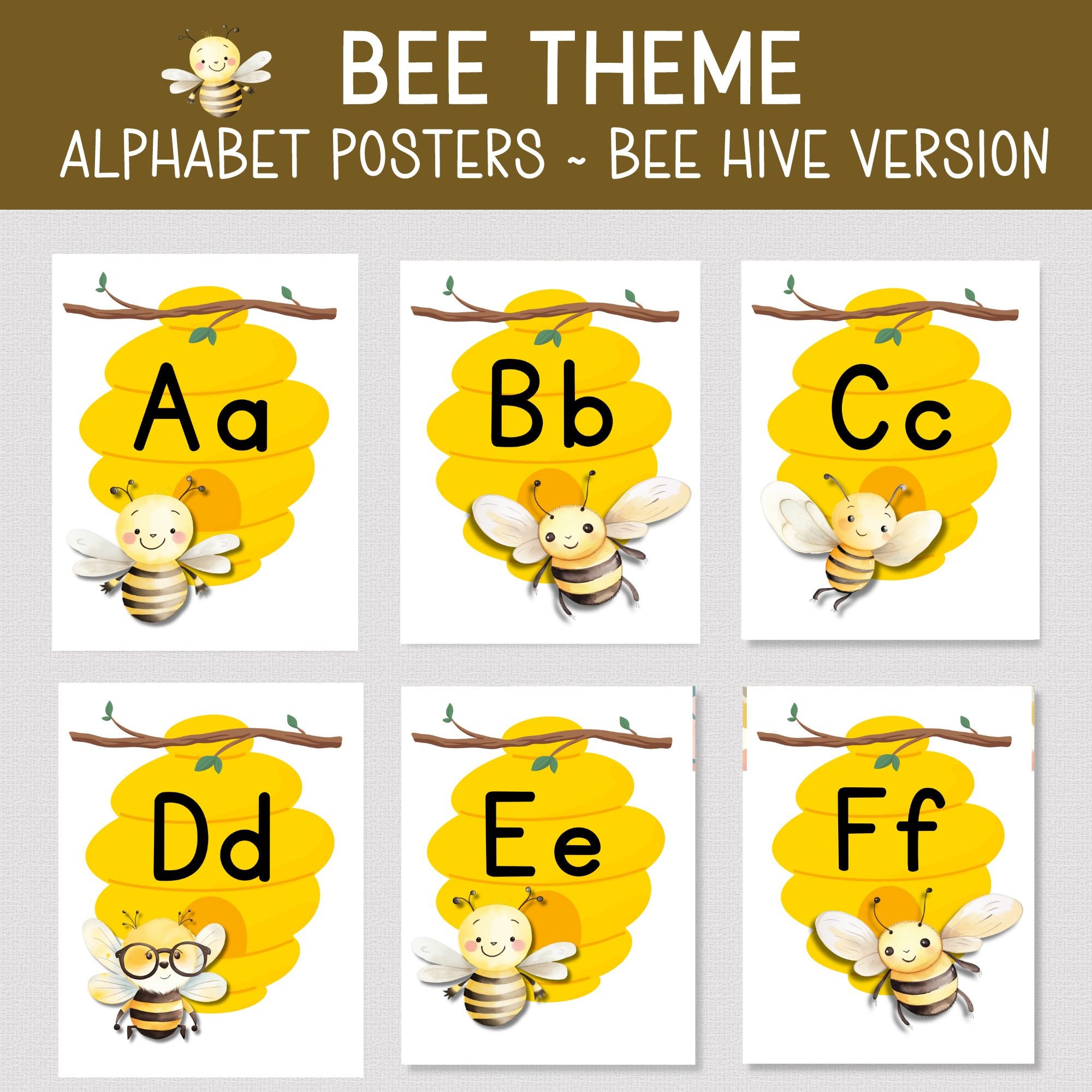 BEE THEME ALPHABET Posters, Printable Honey Bee Alphabet, 4 Versions ...