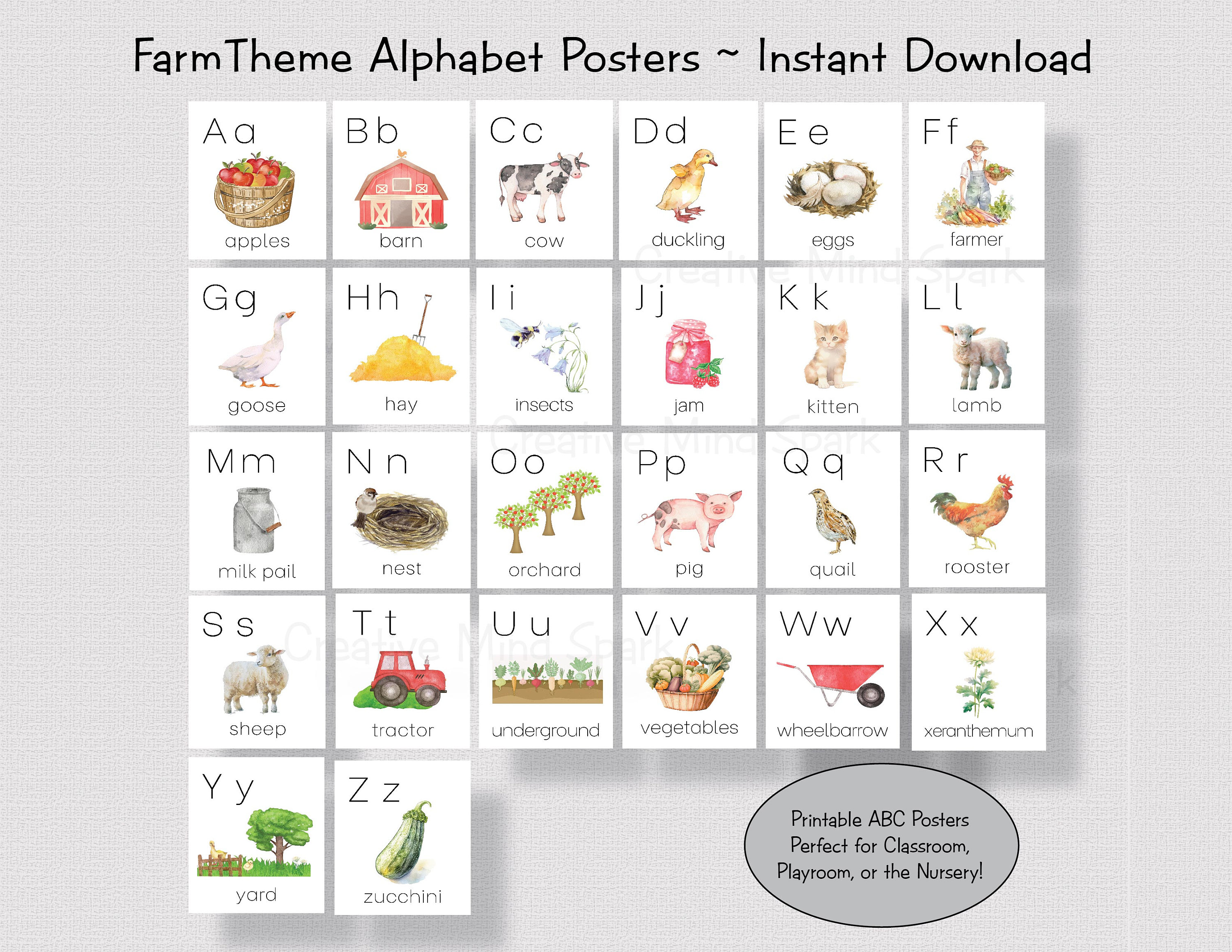 FARM THEME ALPHABET Posters, Printable Farm Alphabet, Farm Alphabet ...