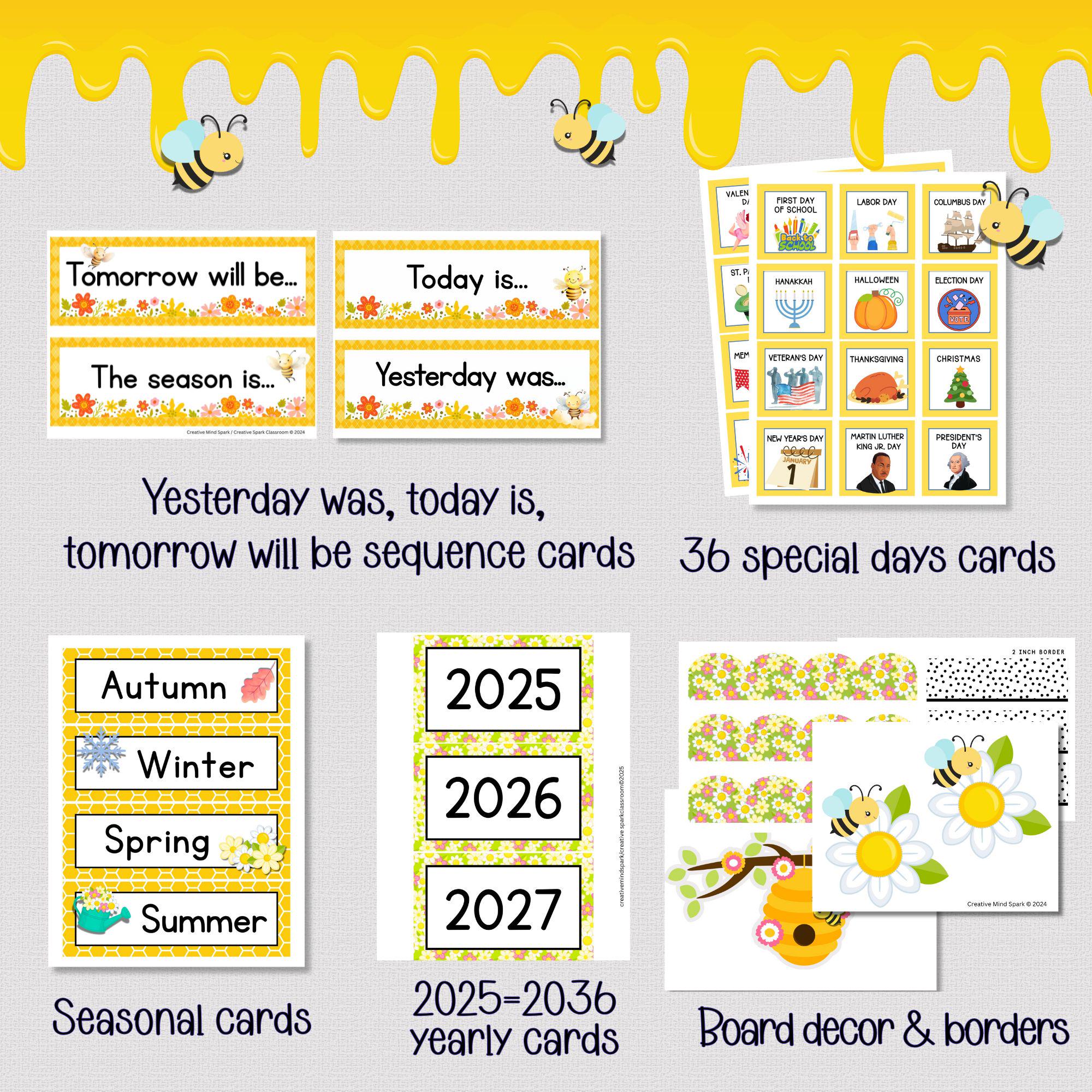BEE THEME CLASSROOM Calender, Printable Honey Bee Calendar Bulletin ...