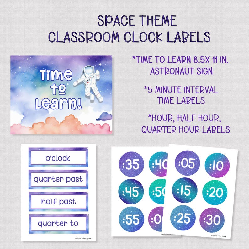 SPACE THEME CLOCK Labels for Classroom, Printable Outer Space Classroom ...