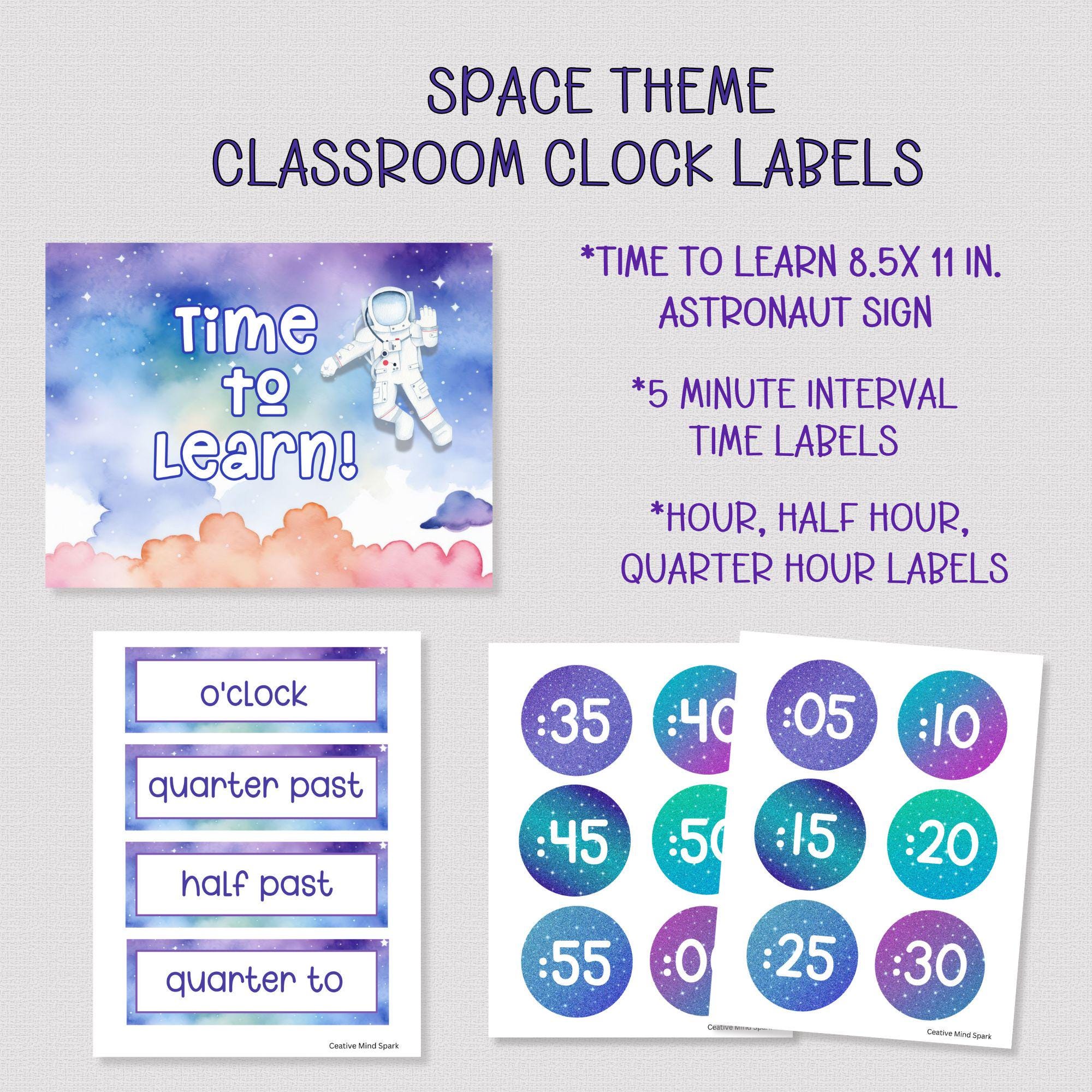 SPACE THEME CLOCK Labels for Classroom, Printable Outer Space Classroom ...