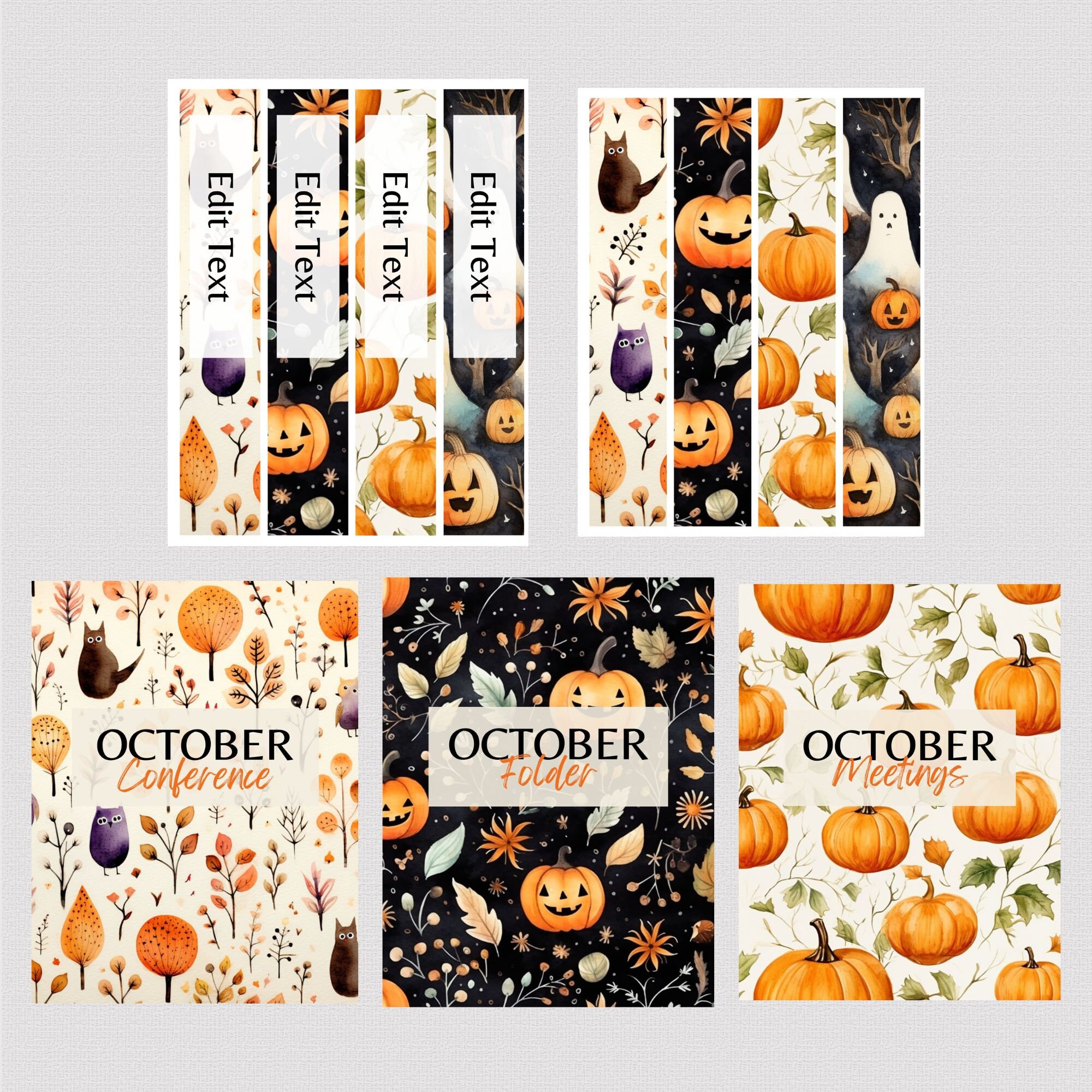HALLOWEEN BINDER COVERS, Set of 8, Editable October Binder Covers With ...