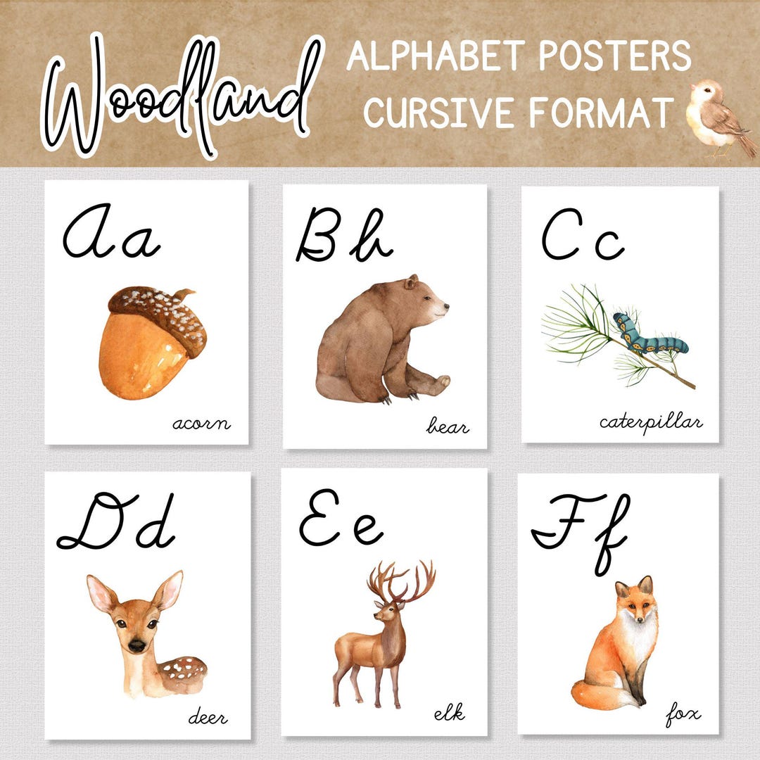 WOODLAND ALPHABET POSTERS Cursive Format, Printable Woodland Animal ...