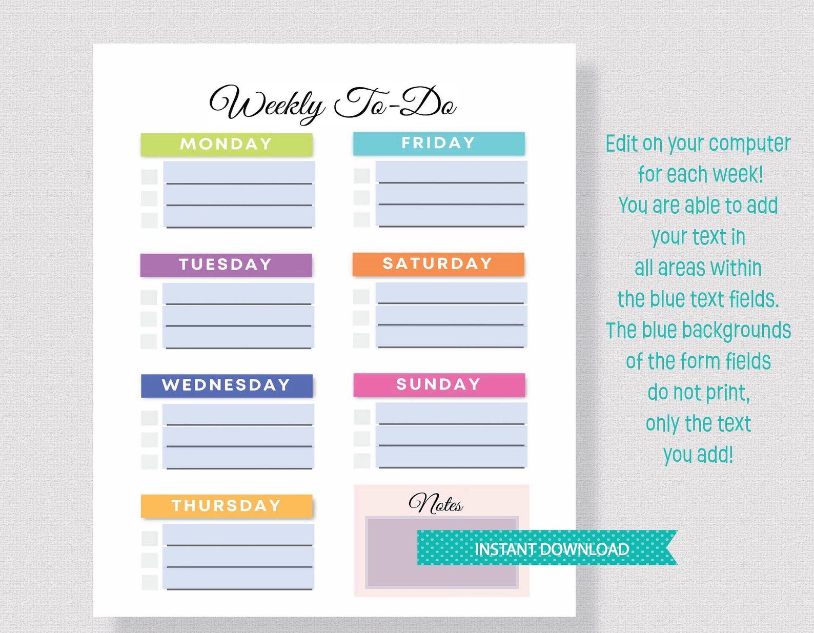 WEEKLY TO DO List for Kids Editable File, Printable Kids Daily Chore ...