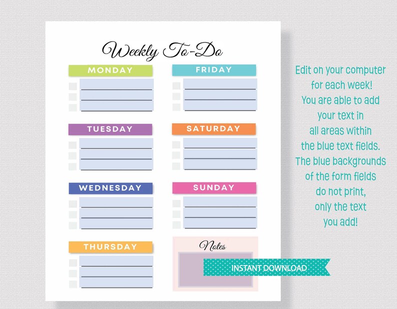 WEEKLY TO DO List for Kids Editable File, Printable Kids Daily Chore ...