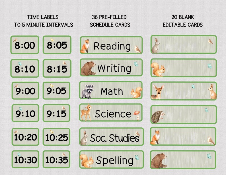 WOODLAND CLASS SCHEDULE Cards, Editable Cards for Daily Classroom ...