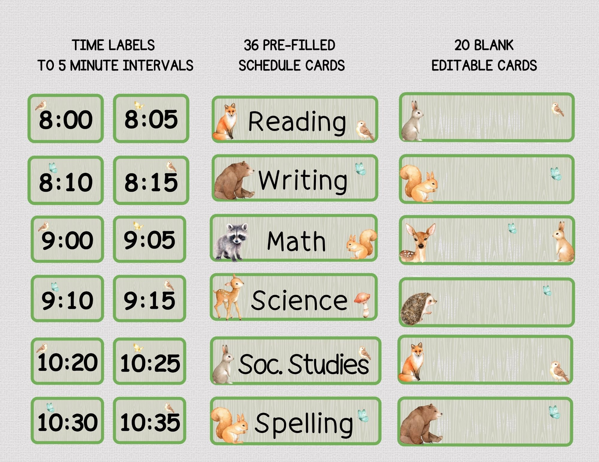 WOODLAND CLASS SCHEDULE Cards, Editable Cards for Daily Classroom ...