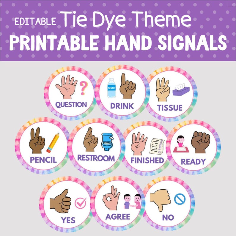 TIE DYE Printable Hand Signal Signs for Classroom Management, Colorful ...