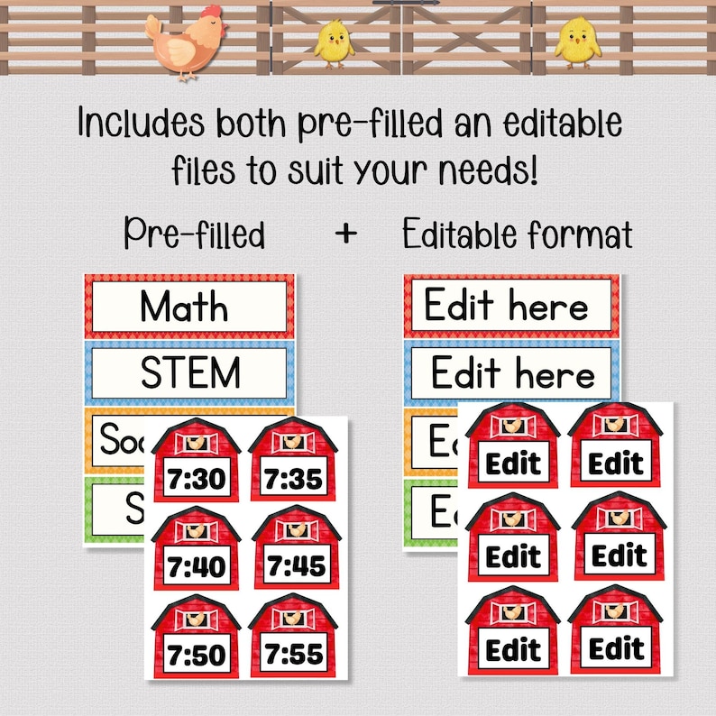FARM THEME CLASSROOM Schedule, Barnyard Prefilled and Editable Cards ...