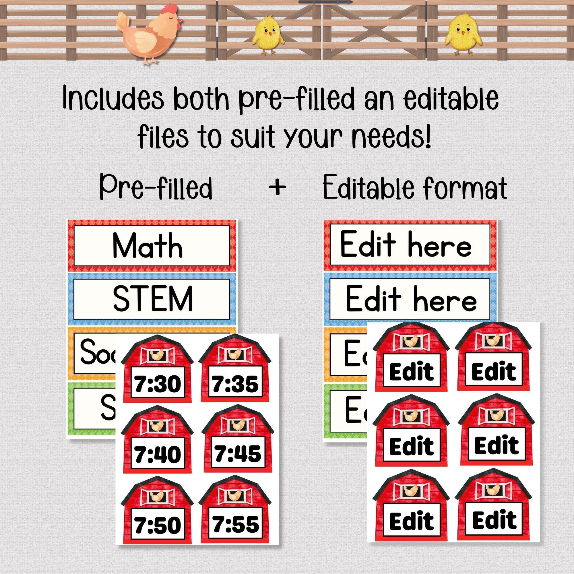 FARM THEME CLASSROOM Schedule, Barnyard Prefilled and Editable Cards ...