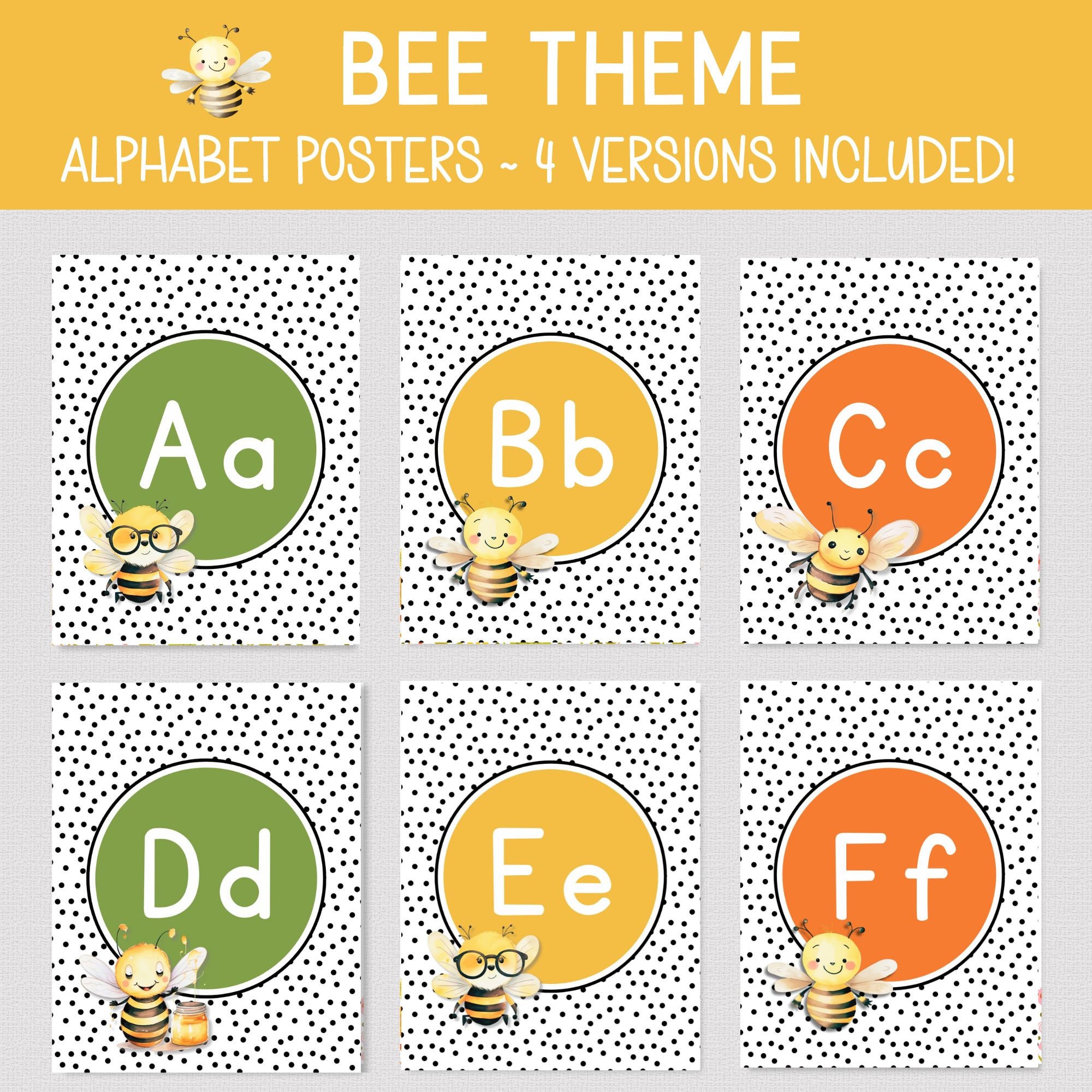 BEE THEME ALPHABET Posters, Printable Honey Bee Alphabet, 4 Versions ...
