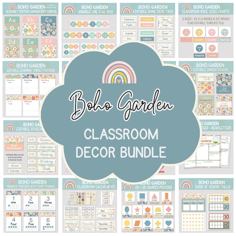 BOHO GARDEN CLASSROOM Decor Bundle, Printable Boho Theme Classroom ...