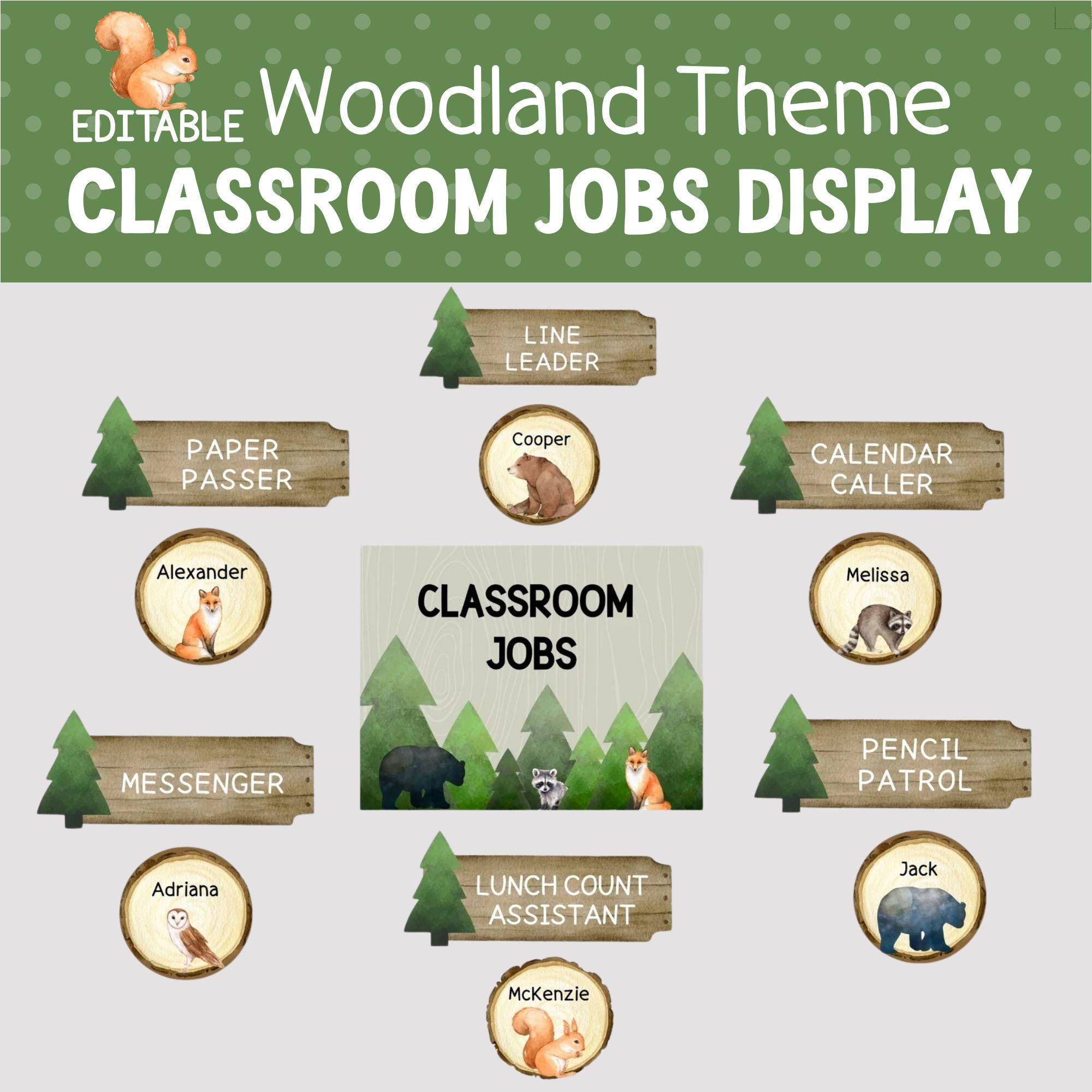 WOODLAND CLASSROOM JOBS Display, Printable Classroom Jobs Chart ...