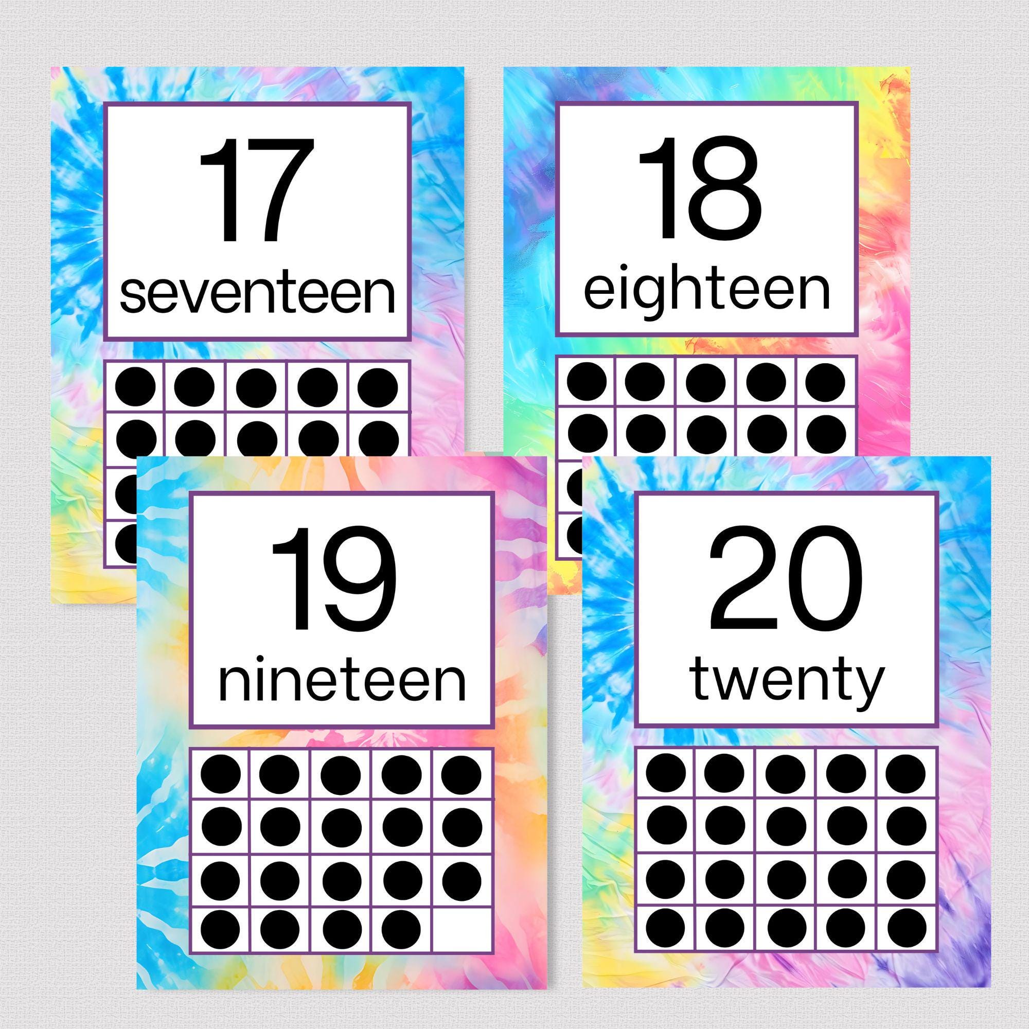 TIE DYE THEME Number Posters, Printable Tie Dye Numbers 1-20 With Tens ...
