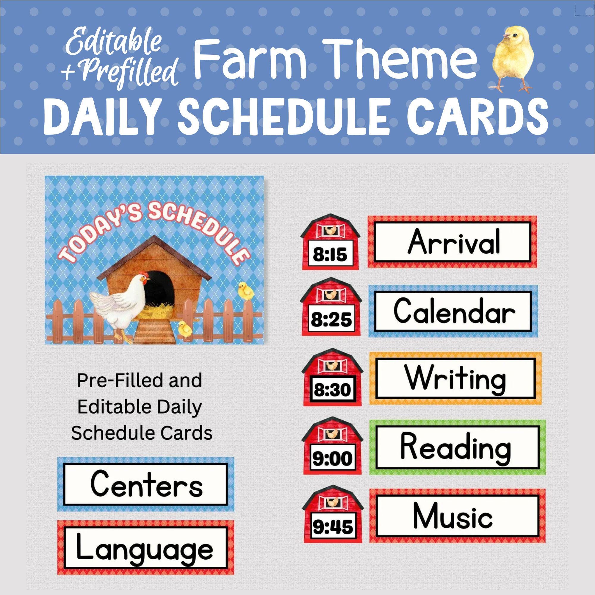 FARM THEME CLASSROOM Schedule, Barnyard Prefilled and Editable Cards ...