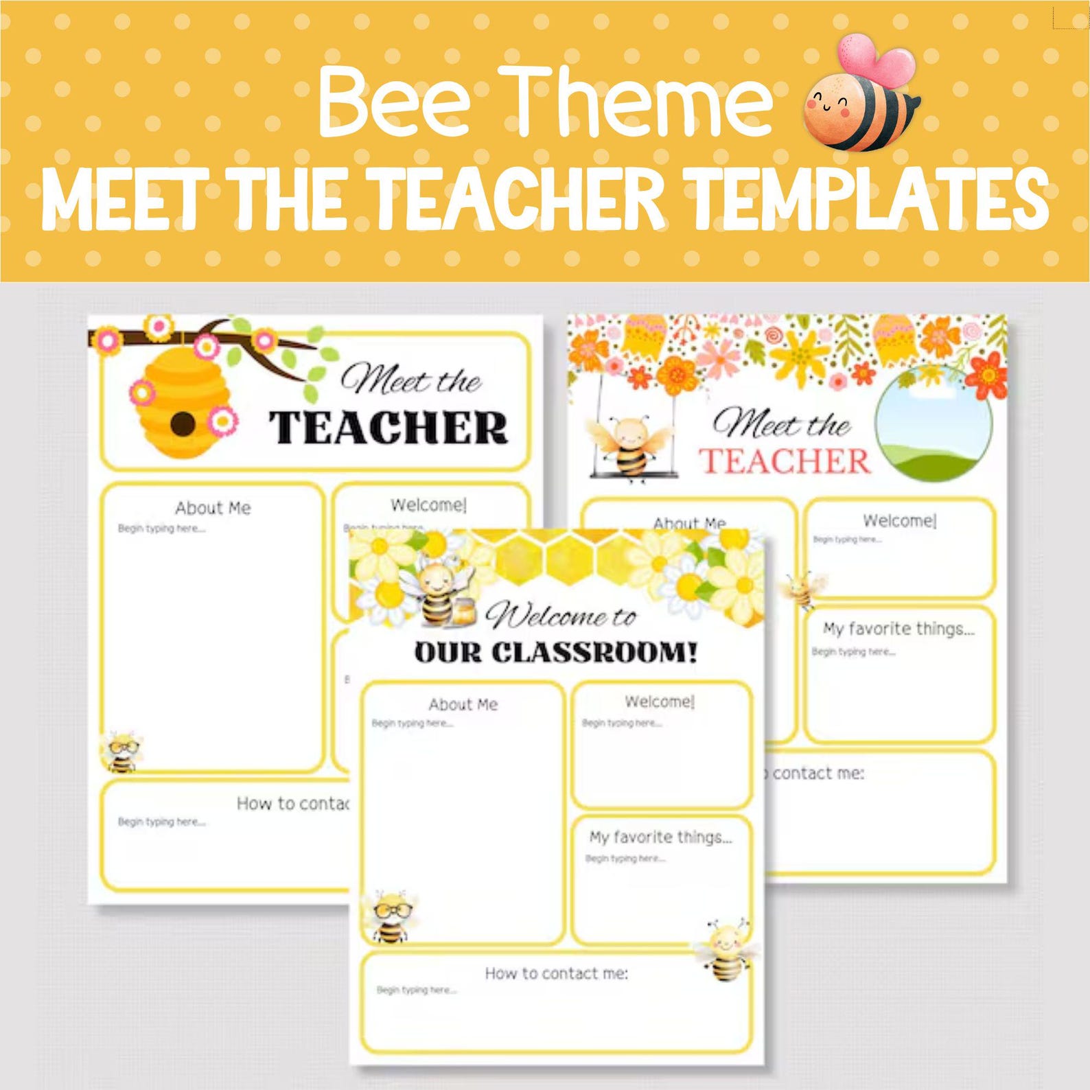 MEET THE TEACHER Bee Theme Newsletter Templates, Canva Template for ...