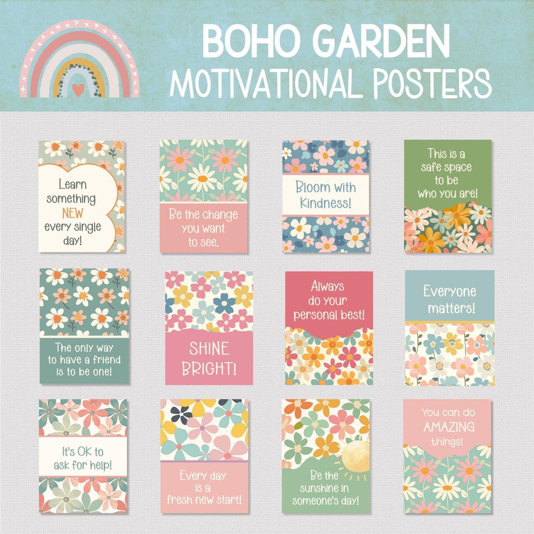BOHO GARDEN THEME Motivational Posters for Classroom, Printable Floral ...
