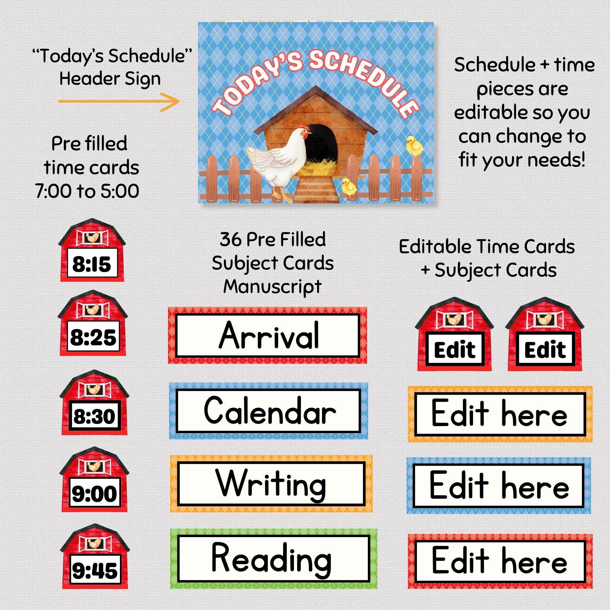 FARM THEME CLASSROOM Schedule, Barnyard Prefilled and Editable Cards ...