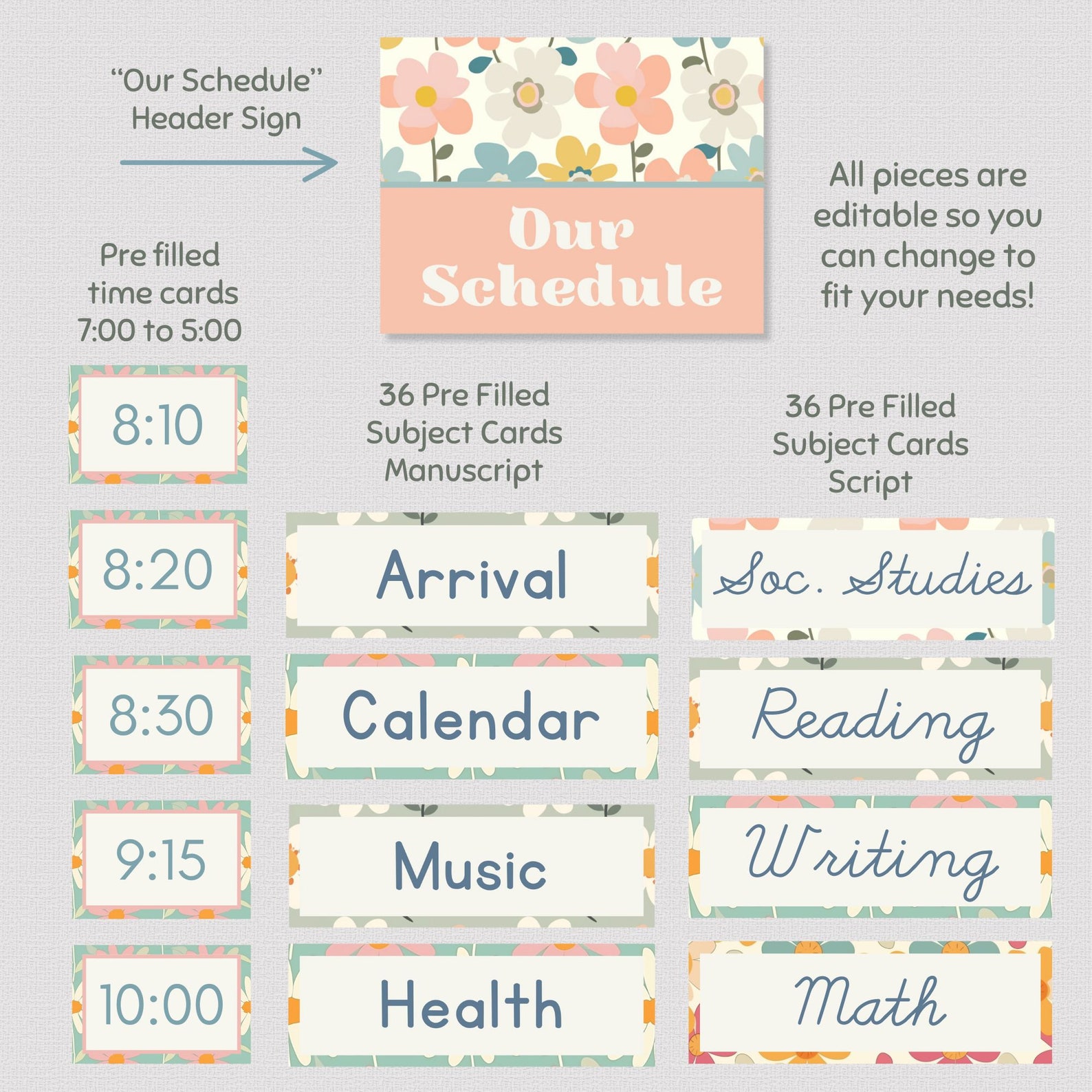 PRINTABLE CLASSROOM SCHEDULE Cards, Boho Garden Editable Cards for ...