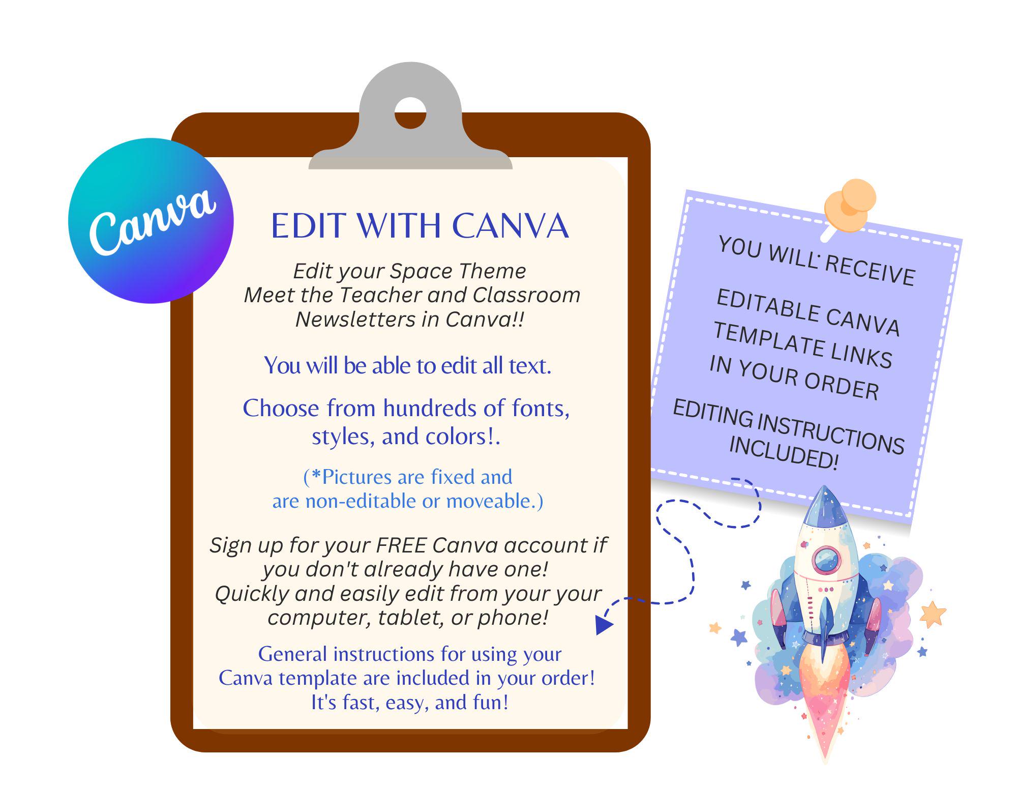 MEET THE TEACHER Space Theme Newsletter Templates, Canva Templates for ...
