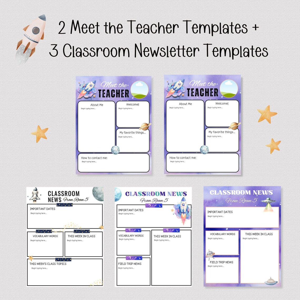 MEET THE TEACHER Space Theme Newsletter Templates, Canva Templates for ...