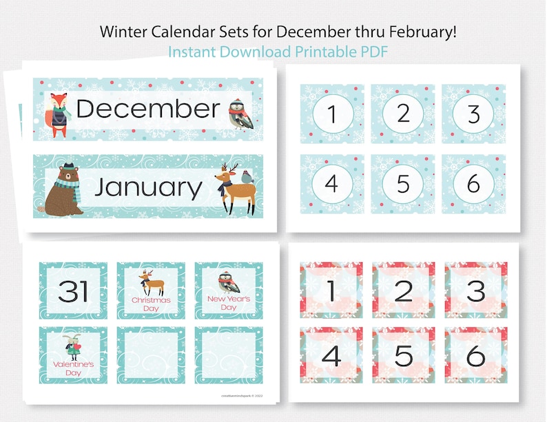 WINTER WOODLAND CLASSROOM Calendar Set, Printable December, January ...