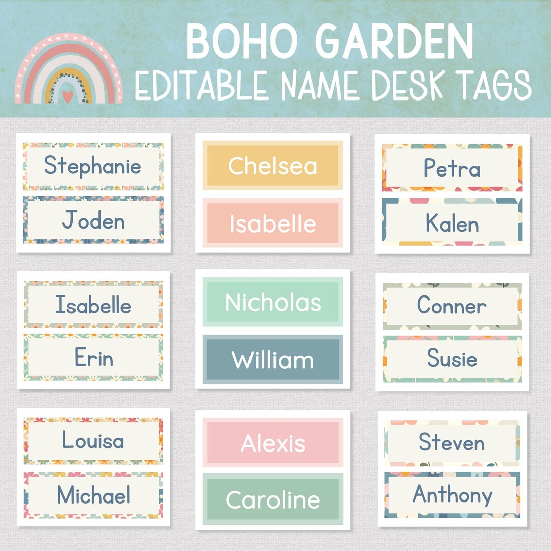 BOHO GARDEN DESK Name Tags, Printable Pastel Desk Name Plates, Boho ...