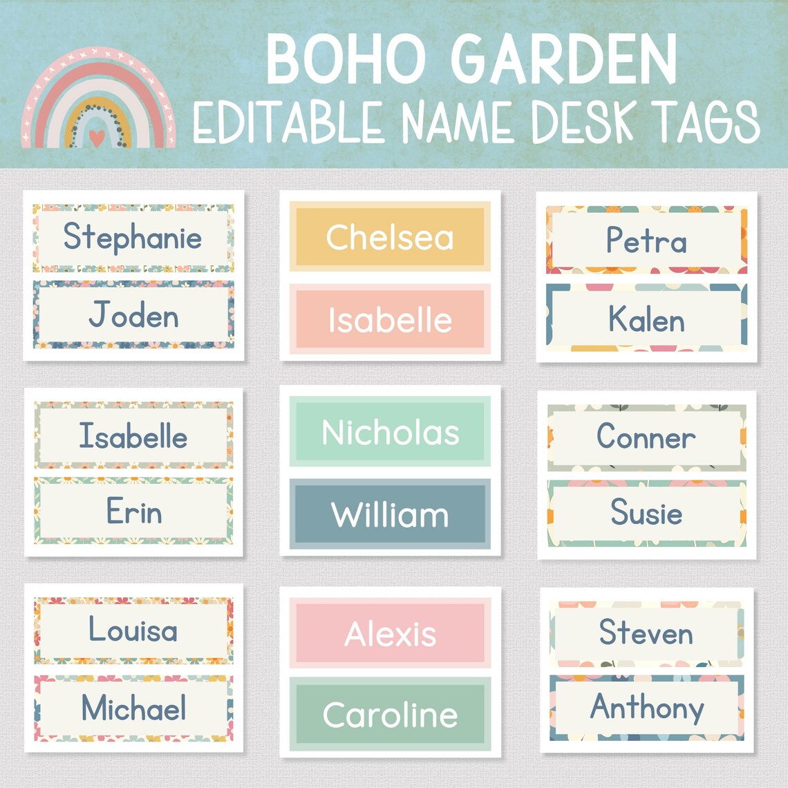 BOHO GARDEN DESK Name Tags, Printable Pastel Desk Name Plates, Boho ...