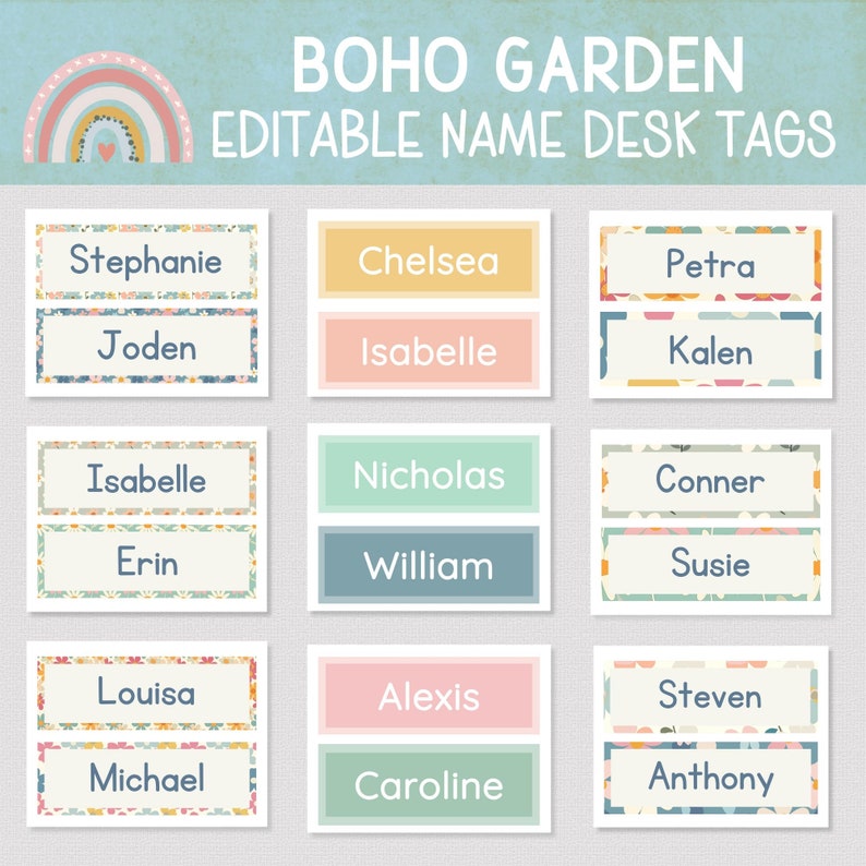 BOHO GARDEN DESK Name Tags, Printable Pastel Desk Name Plates, Boho ...